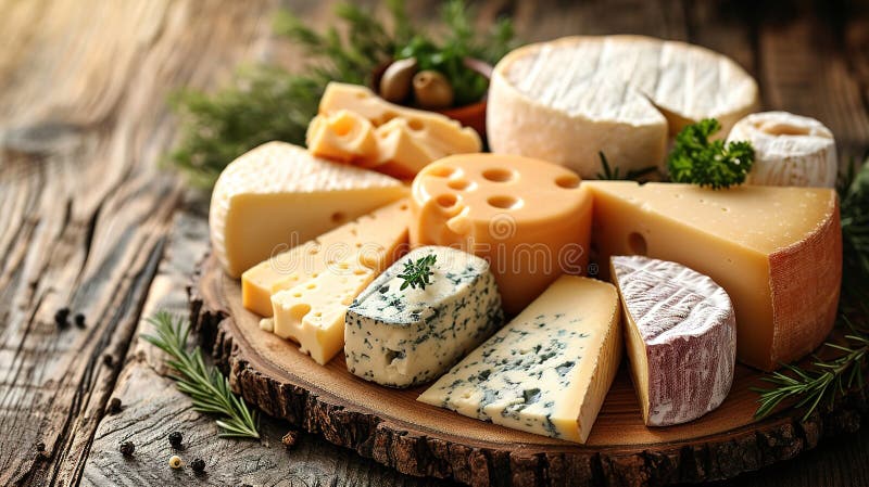 Various Types of Cheese on Rustic Wooden Table Stock Illustration ...