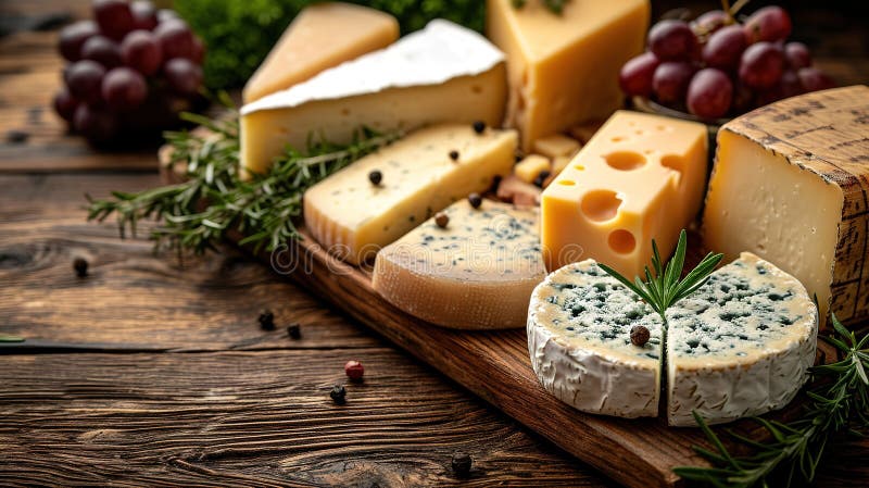 Various Types of Cheese on Rustic Wooden Table Stock Illustration ...