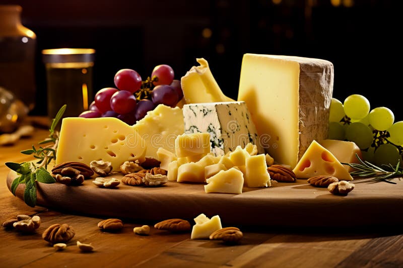 Various Types of Cheese Set with Grapes and Nuts, on a Wooden Table ...