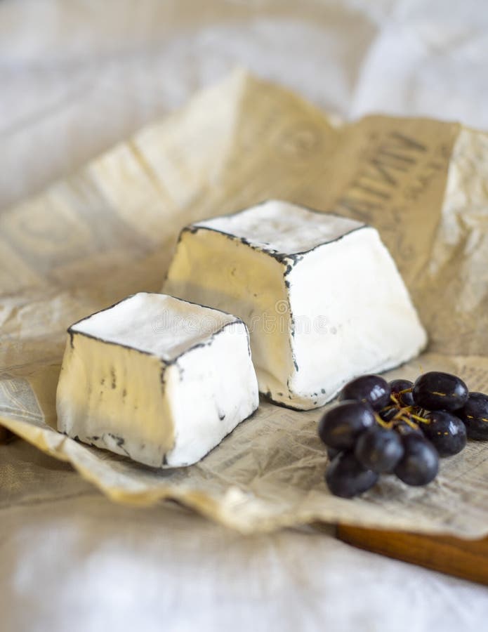 Various Types of Cheese with White Mold on Packaging Paper. Stock Image ...
