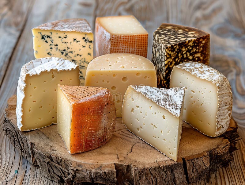 Various Types of Cheese on a Wooden Board, Close-up. Stock Illustration ...