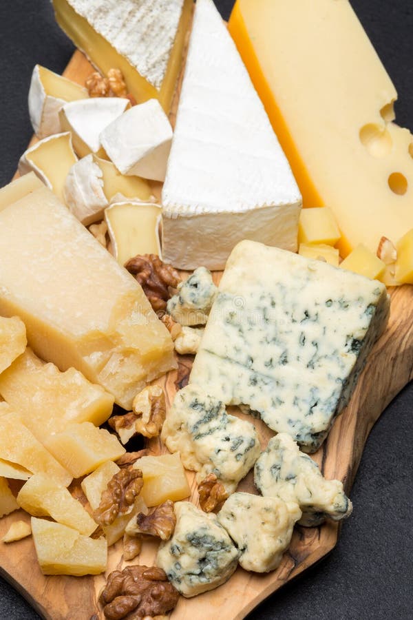 Various Types of Cheese on Wooden Board Stock Image - Image of ...