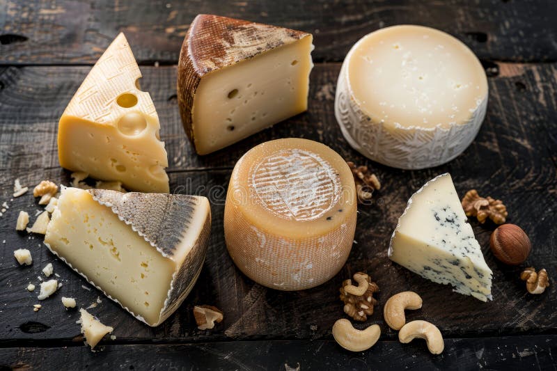 Various Types of Cheeses Displayed on a Rustic Wooden Table in a Clean ...