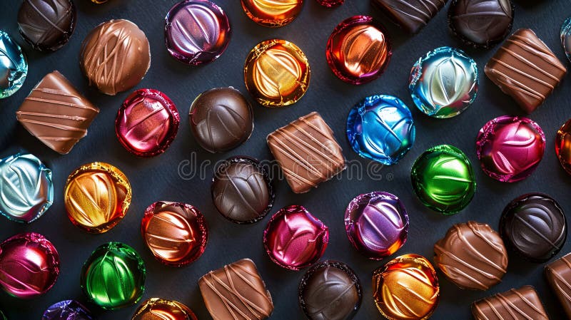 Various Types of Colorful Chocolates in Shiny Wrappers Spread Out on a ...