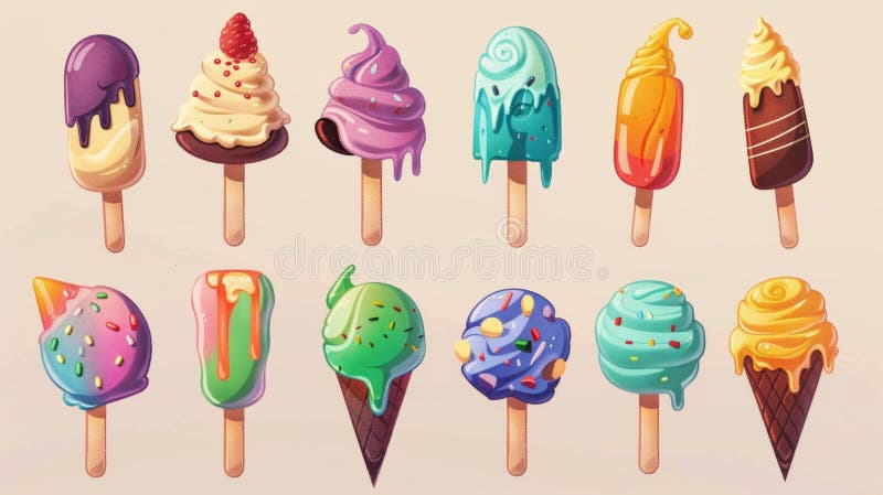 Various Types of Colorful Ice Cream Stock Illustration - Illustration ...