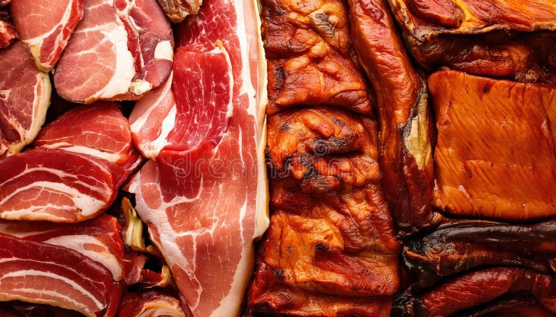 Various Types of Cured and Smoked Meats Displayed on a Wooden Surface ...