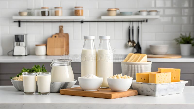 Fresh Dairy Products Arranged on Kitchen Counter with Ingredients Stock ...