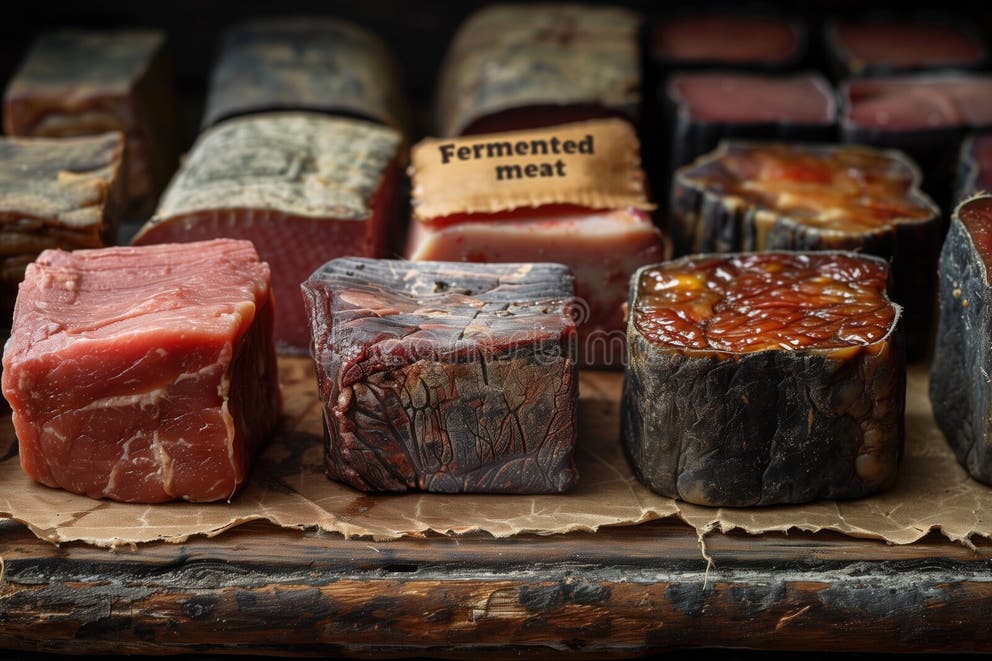 Various Types of Fermented Meat Cubes Arranged on Parchment Paper in a ...