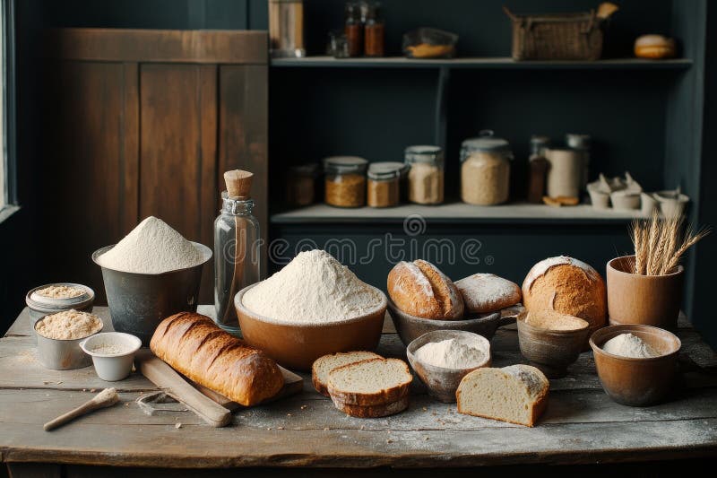 Flour and Bread Displayed on a Rustic Wooden Table with Wheat and Jars ...