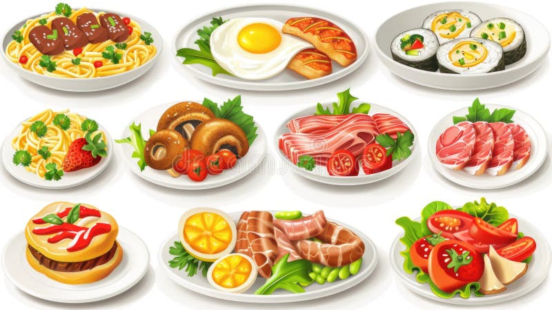 Various Types of Food Served on Different Plates. Ideal for Food and ...