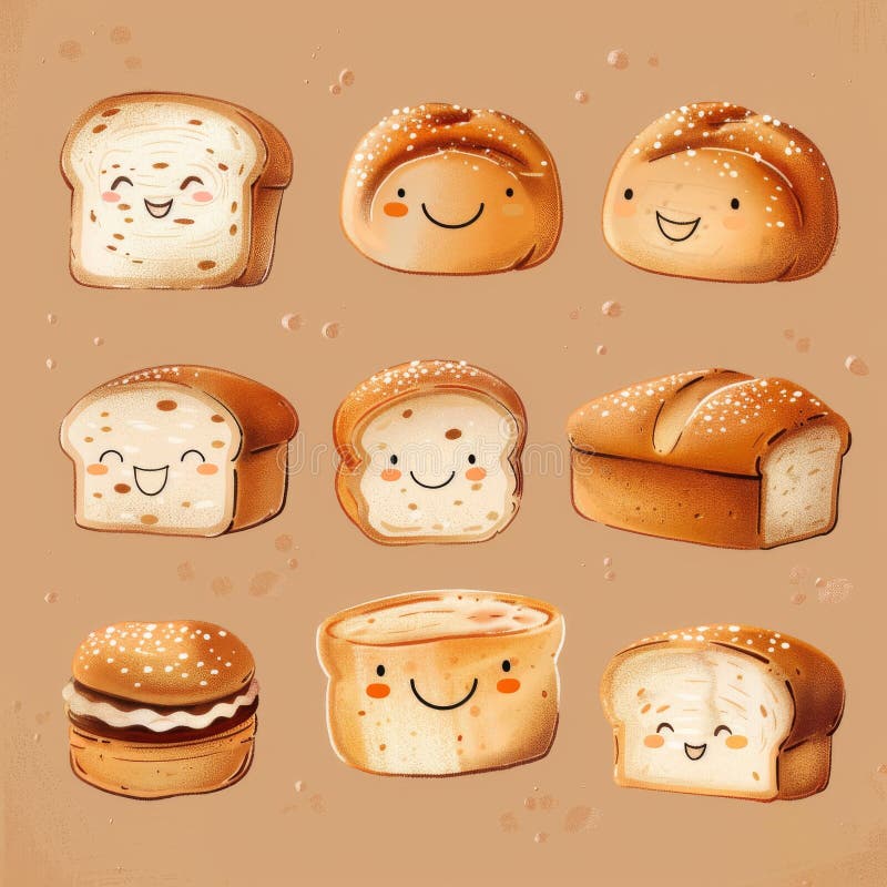 Various Types of Foodshaped Bread with Cartoon Faces on Them Stock ...