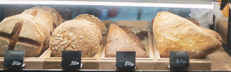 Various Types of Fresh Bread on the Counter in Baker Store F Stock ...