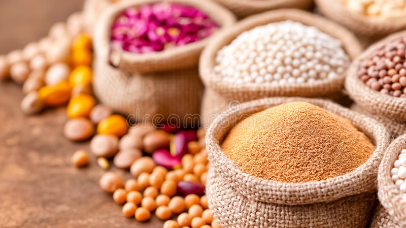 Various Types of Grains and Pulses are Arranged in Burlap Sacks on a ...