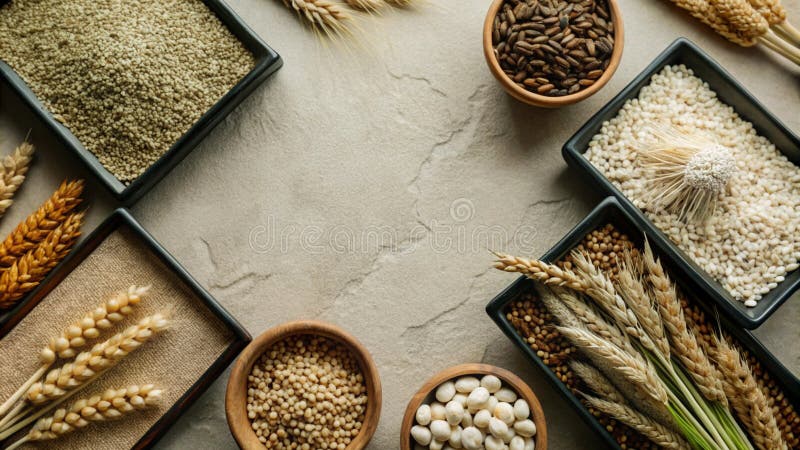 Various Types of Grains and Wheat Stalks in Bowls and Trays on a Grey ...