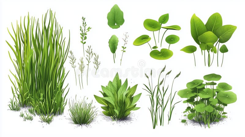 Various Types of Green Plants and Leaves Displayed on a White ...