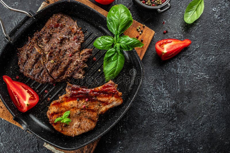 Various Types of Grilled Meat, Beef, Pork in Pan, Banner, Menu, Recipe ...