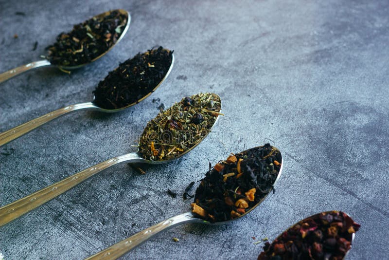 Various Types of Herbal Tea in Spoons. Spoons with Dry Tea Leaves Stock ...