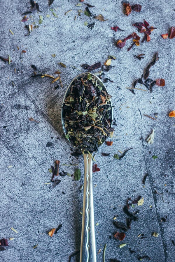 Various Types of Herbal Tea in Spoons. Spoons with Dry Tea Leaves Stock ...