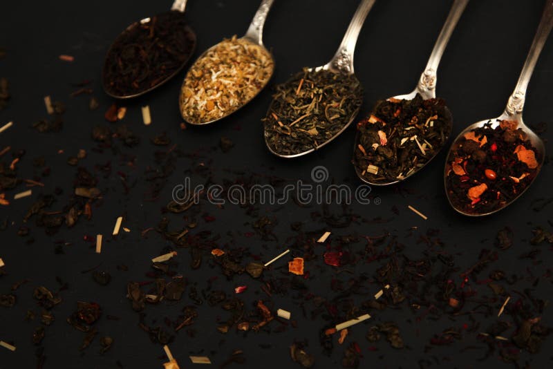 Various Types of Herbal Tea in Spoons. Stock Image - Image of black ...