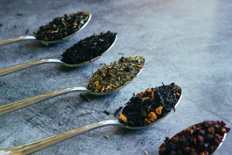 Various Types of Herbal Tea in Spoons. Spoons with Dry Tea Leaves Stock ...