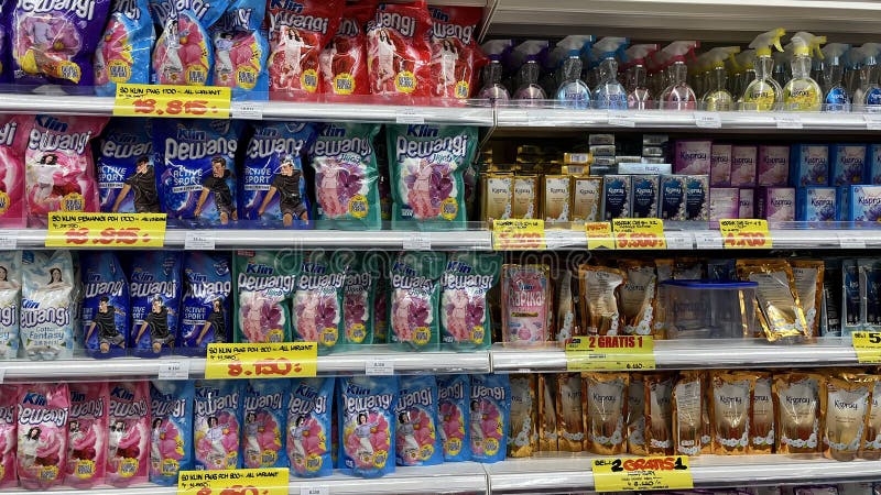 Various Types of Laundry Soap and Fabric Softener on a Supermarket ...