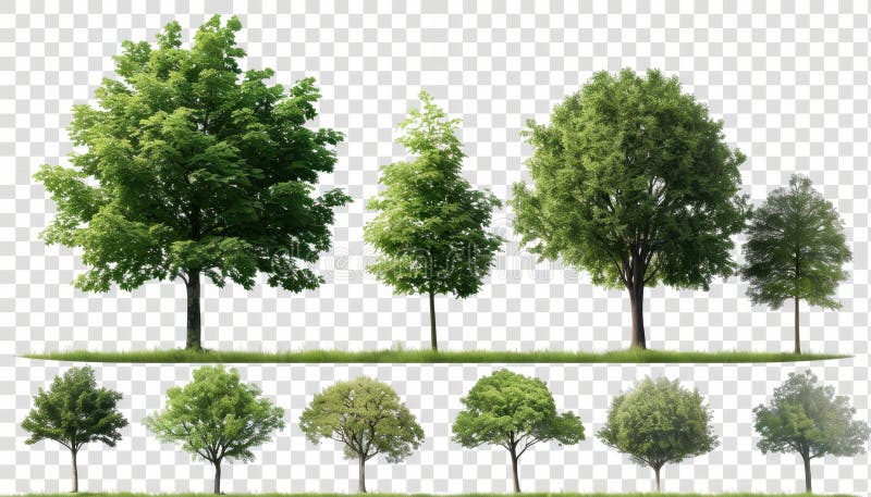 Various Types of Lush Green Trees Displayed in a Row with Transparent ...