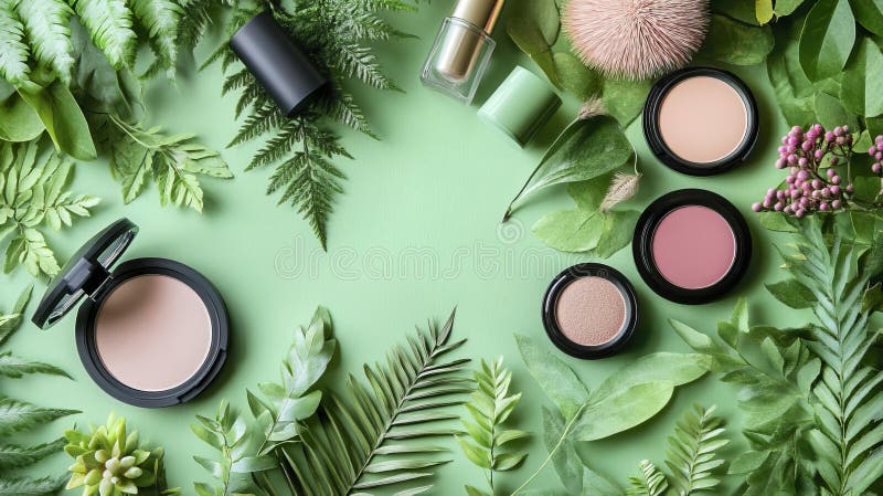 Various Types of Makeup Products Arranged on a Green Background for ...