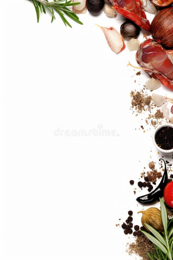 Various Types of Meat and Spices Arranged in a Border on a White ...