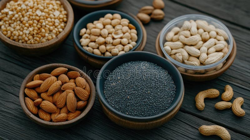 Various Types of Nuts and Seeds are Neatly Arranged in Black Containers ...