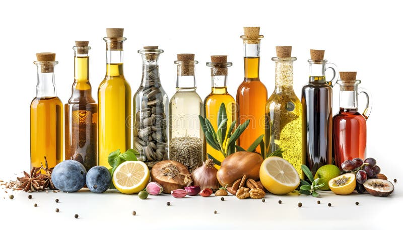 Various Types of Oil in Bottles on White Background Stock Illustration ...