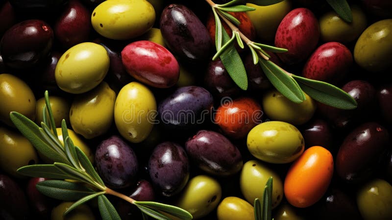 Various Types of Olives Background. View from Above. Mediterranean ...