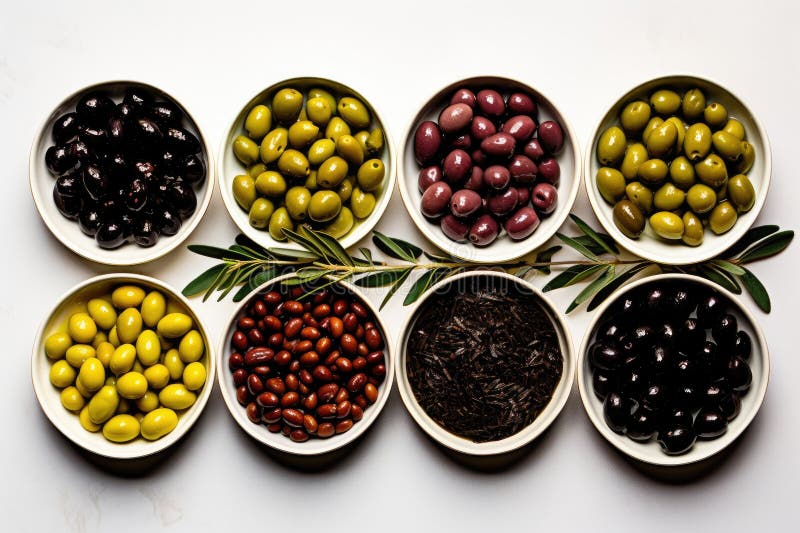 Different Olive Types and Oil Presented in Ceramic Bowls on White Flat ...