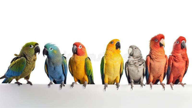 Various Types of Parrots are Sitting in a Row on a Branch, White ...