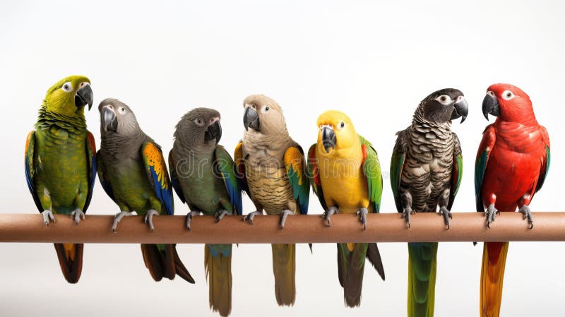 Various Types of Parrots are Sitting in a Row on a Branch, White ...