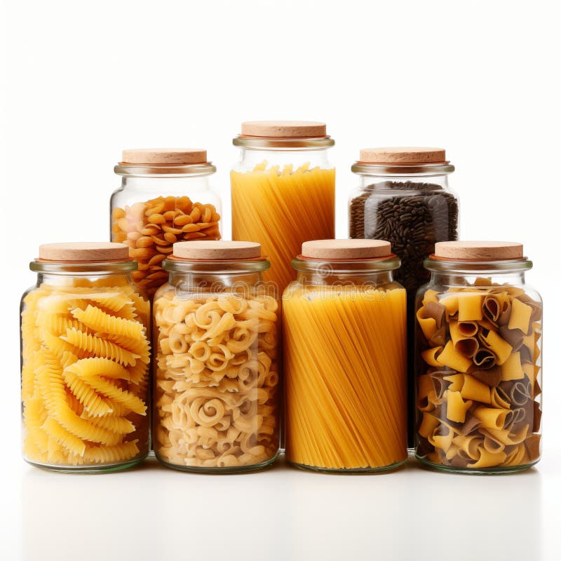 Various Types of Pasta in Glass Jars on White Background Stock ...