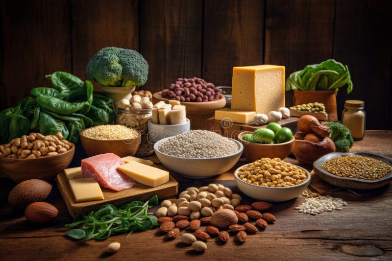 Various Types of Proteins, Nuts, Vegetables, and Cheeses on a Table ...