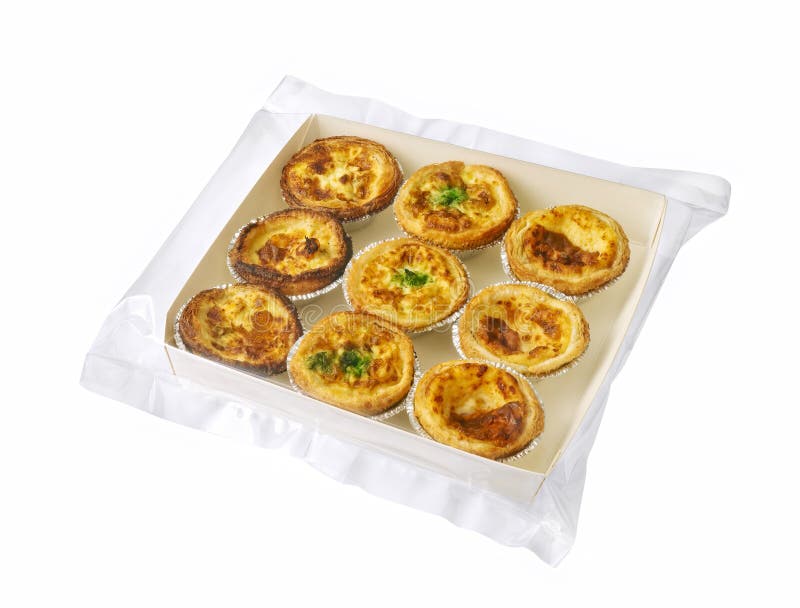 Various Types of Quiches in Plastic Tray, Isolated on White Stock Photo ...
