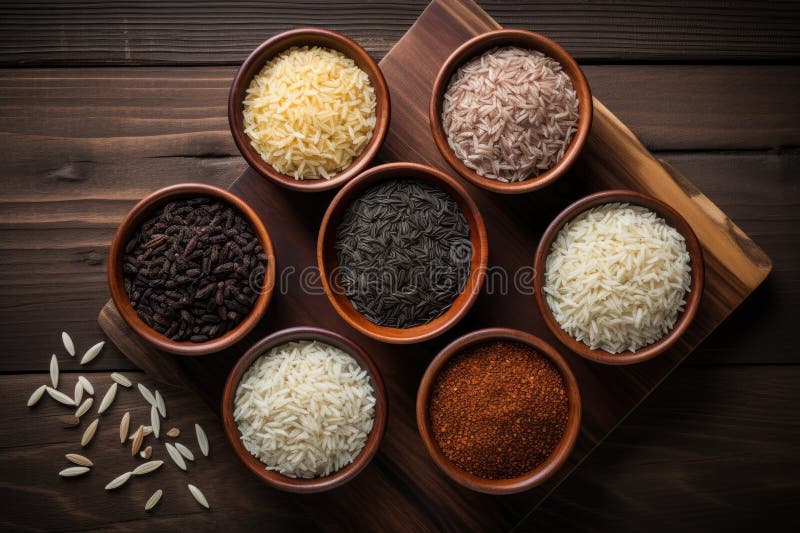 Assorted Rice Types Placed on Aged Wooden Tabletop Viewed from Above ...