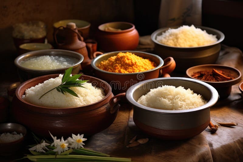 Various Types of Rice in Bowls Near Cooker Stock Photo - Image of ...