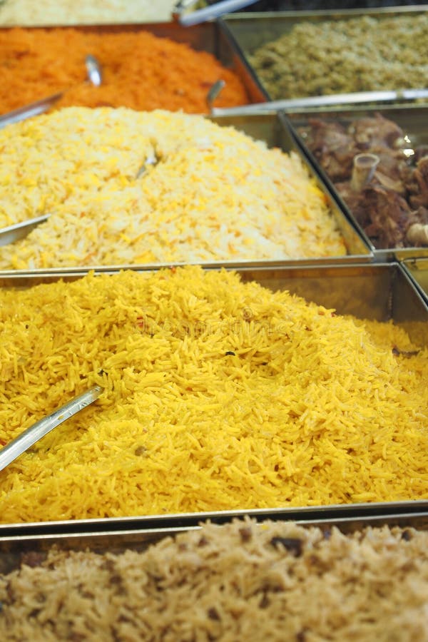 Various Types of Rice Displayed in a Buffet Style Presentation Stock ...