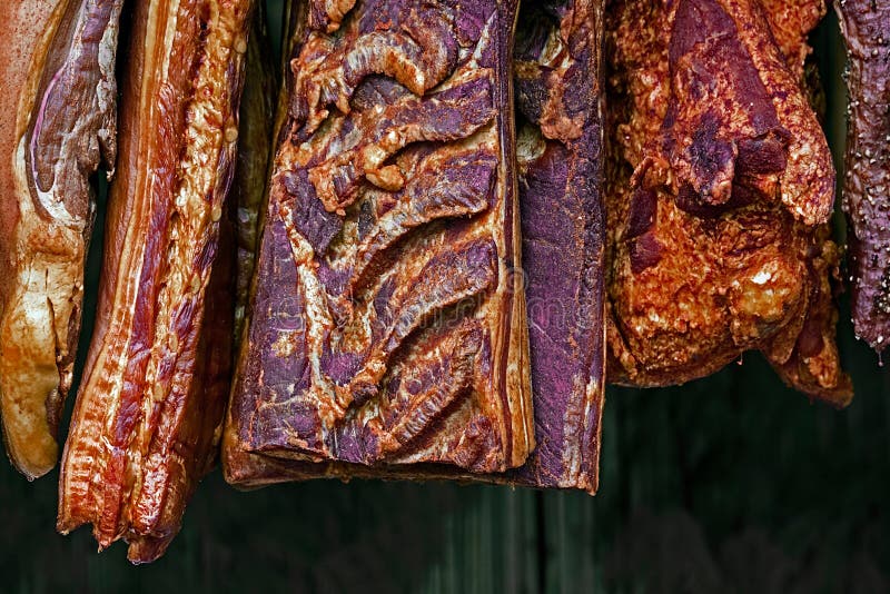 Various Types of Romanian Beacon, Smoked, Dried and Hanging Stock Photo ...