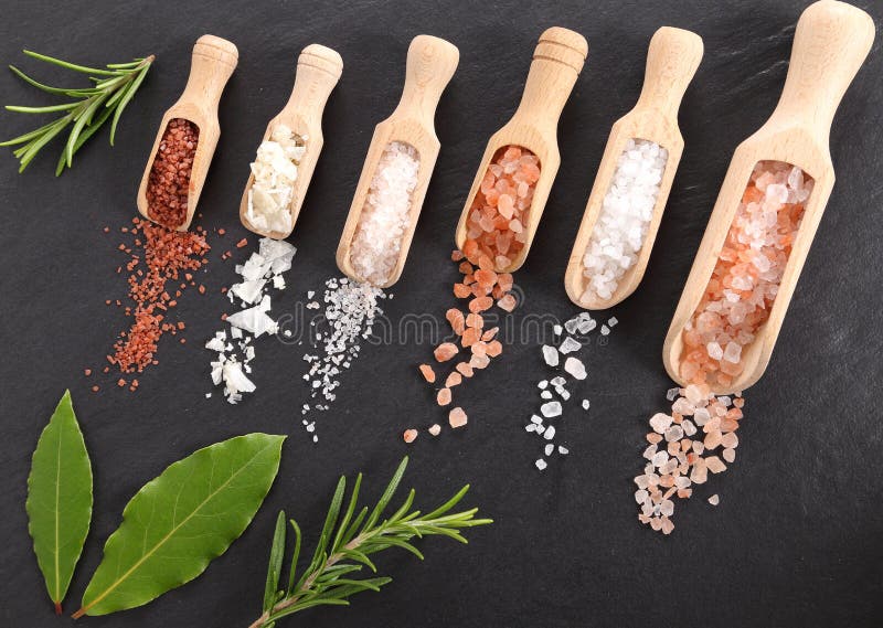 Various types of salt. stock image. Image of spoons - 122501611