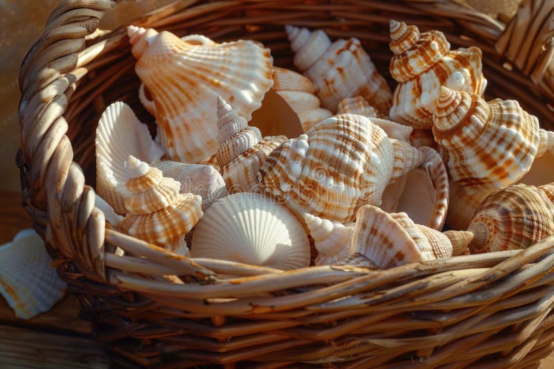 Various Types of Shells Collected in a Basket, Suitable for Beach ...