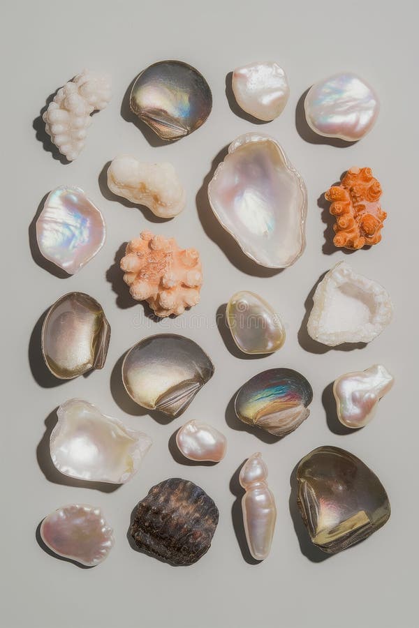 Various Types of Shells and Pearls Arranged on a Neutral Background ...