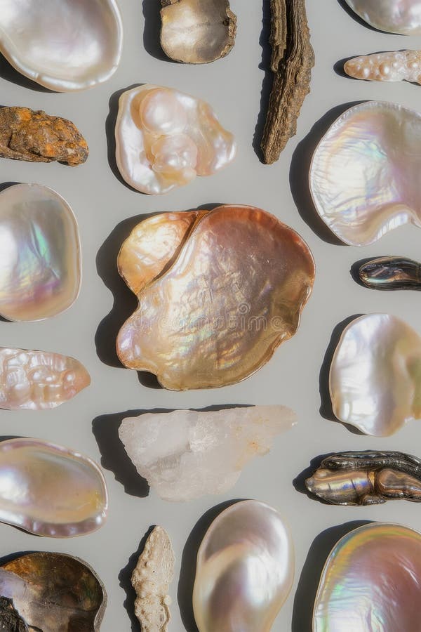 Various Types of Shells and Pearls Arranged on a Neutral Background ...