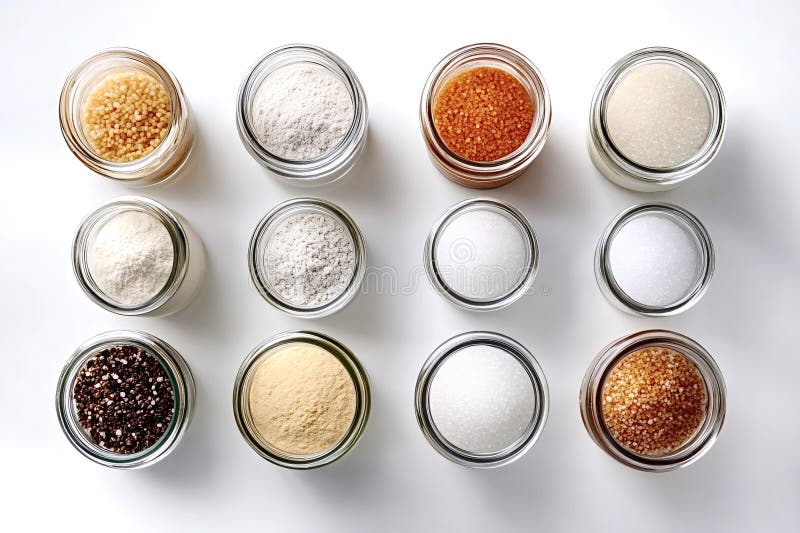 Various Types of Sugar and Flour Displayed in Glass Jars Stock Image ...