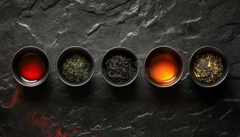 Various Types of Tea in Cups Arranged on a Dark Stone Surface Stock ...