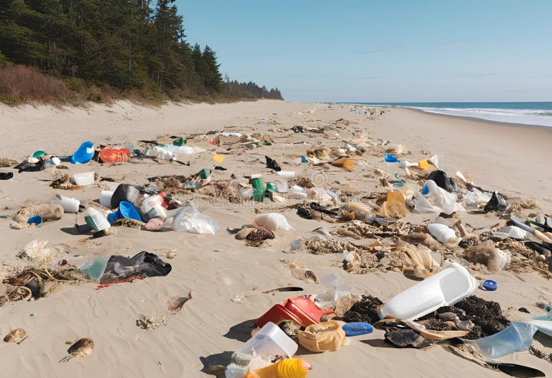 Various Types of Trash Litter the Sandy Beach.AI Generated Stock ...