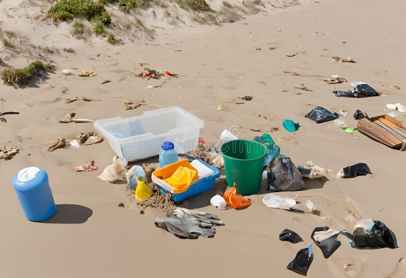 Various Types of Trash Litter the Sandy Beach.AI Generated Stock ...