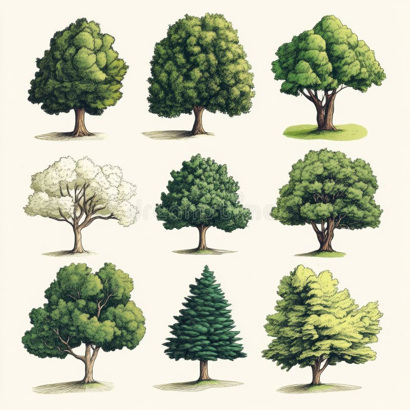 Various Types of Trees Illustrated in Distinct Styles and Colors Stock ...